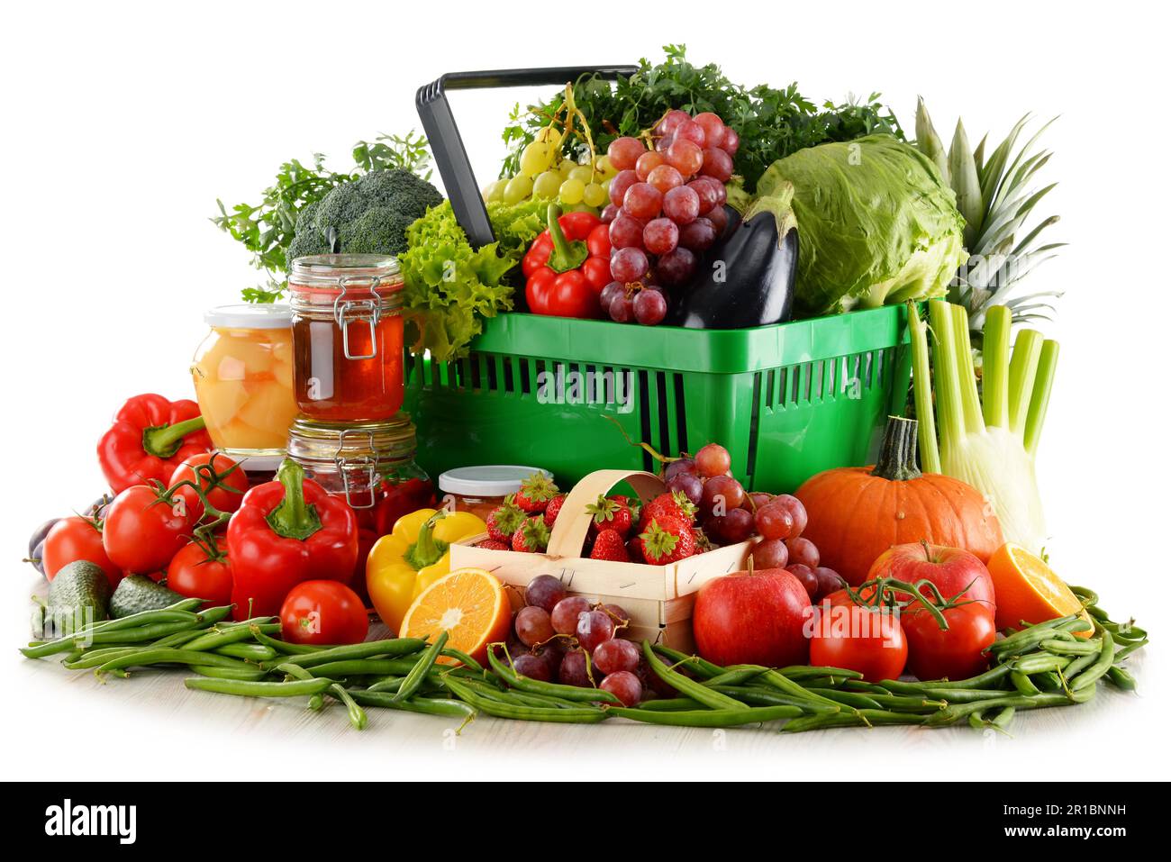 Composition with organic food isolated on white background. Balanced ...