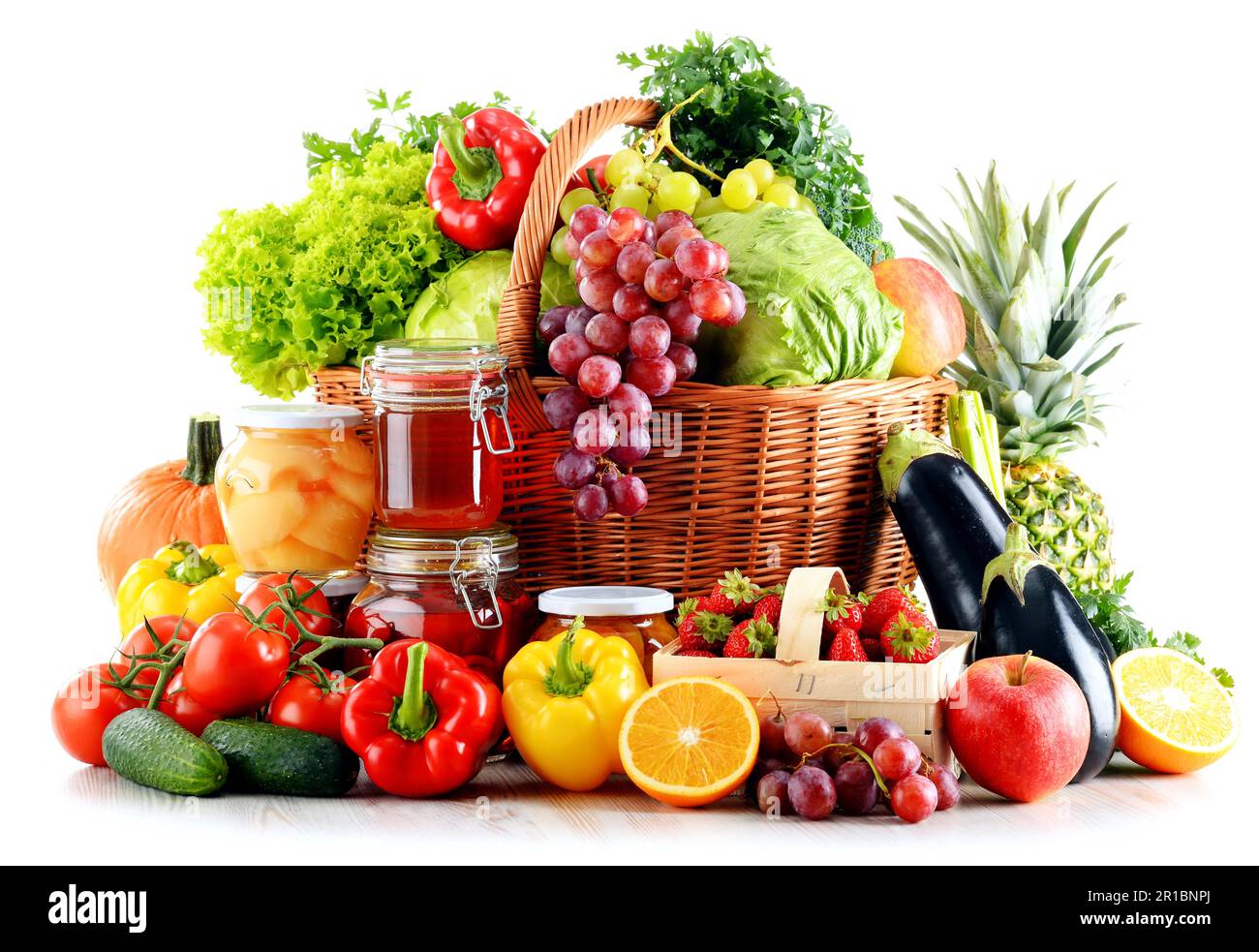 Composition with organic food isolated on white background. Balanced ...