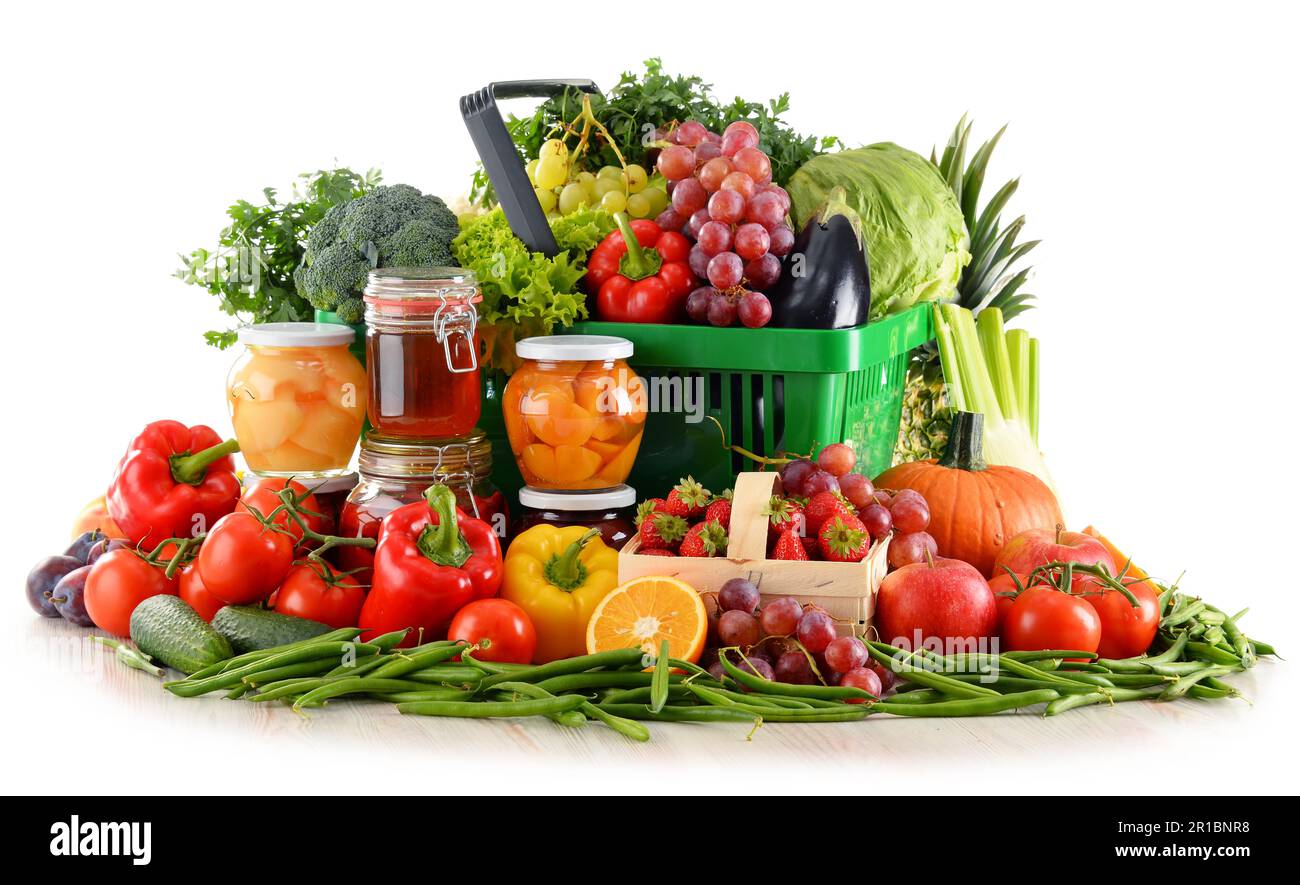 Composition with organic food isolated on white background. Balanced ...