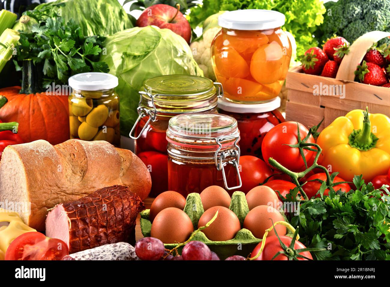 Composition with variety of organic food. Balanced diet Stock Photo - Alamy