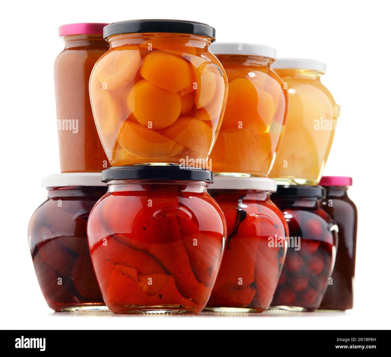 Jars with fruity compotes and jams. Preserved fruits Stock Photo - Alamy