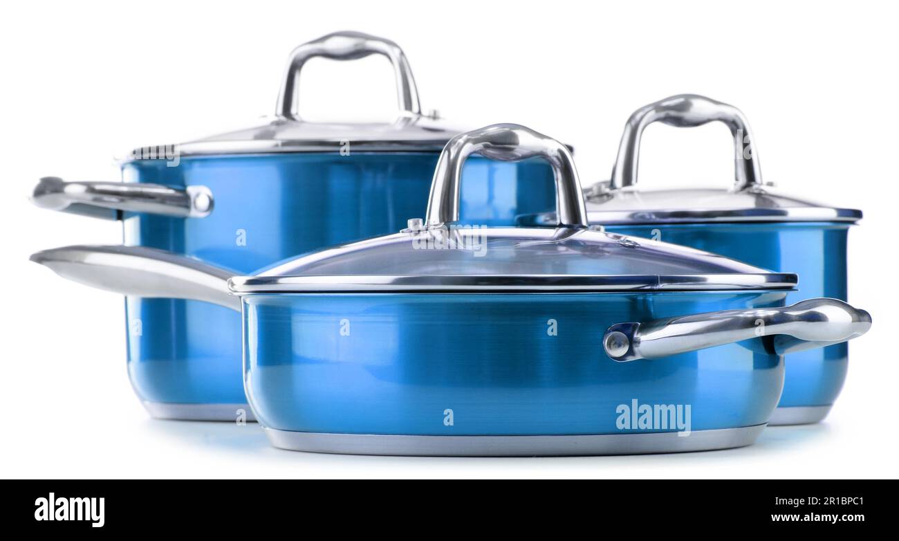 Steel pots isolated on white background Stock Photo - Alamy