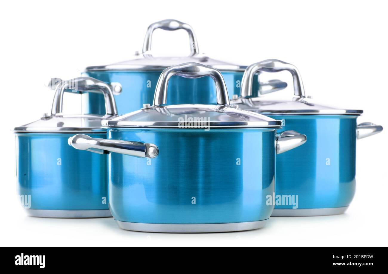 Steel pots isolated on white background Stock Photo - Alamy
