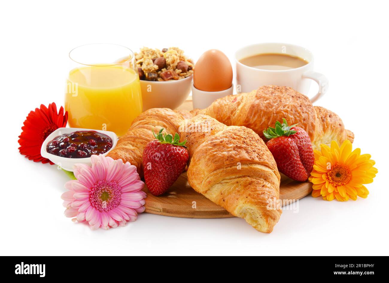 Composition with breakfast on the cutting board isolated on white Stock ...