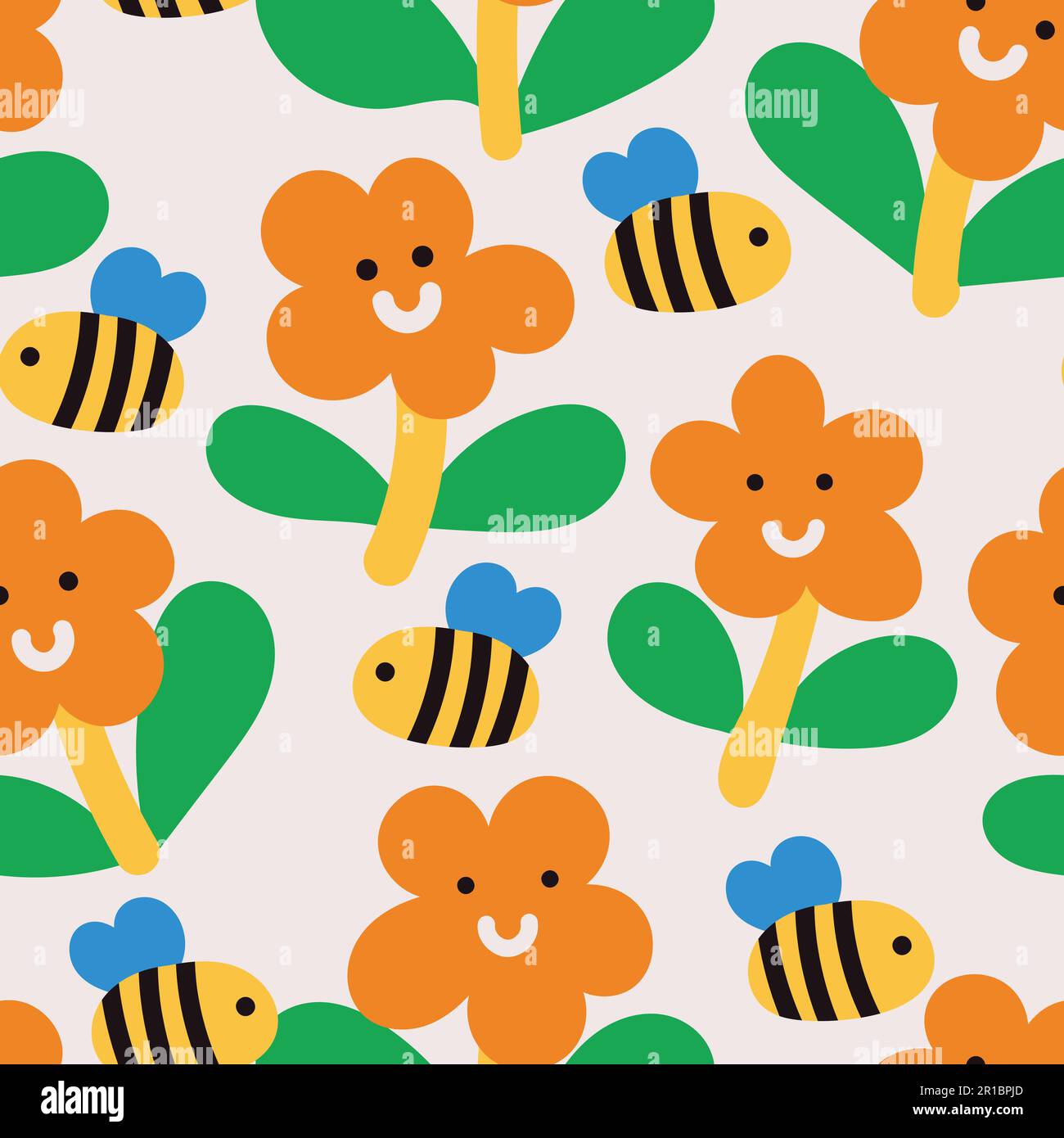 Funny bees and flowers seamless pattern. Vector naive characters in ...