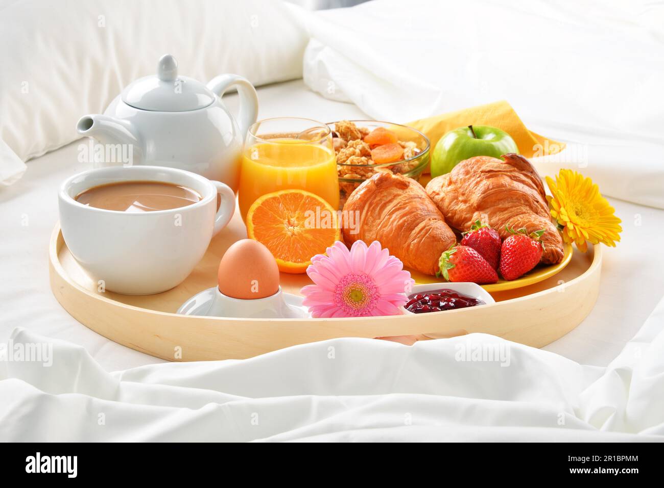 Breakfast tray in bed in hotel room Stock Photo - Alamy