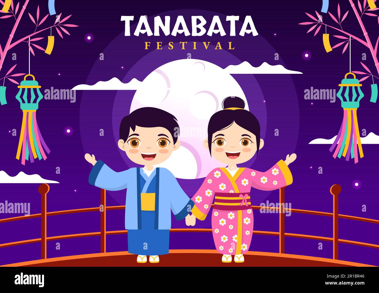 Tanabata Festival Vector Illustration with People Wearing Kimono and ...
