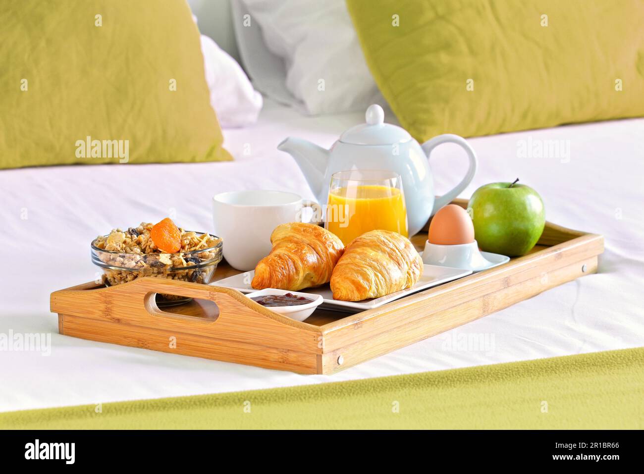 Breakfast on tray in bed in hotel room Stock Photo - Alamy