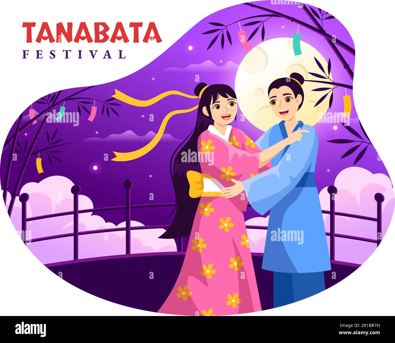 Tanabata Festival Vector Illustration with People Wearing Kimono and Peonies Flowers in National ...