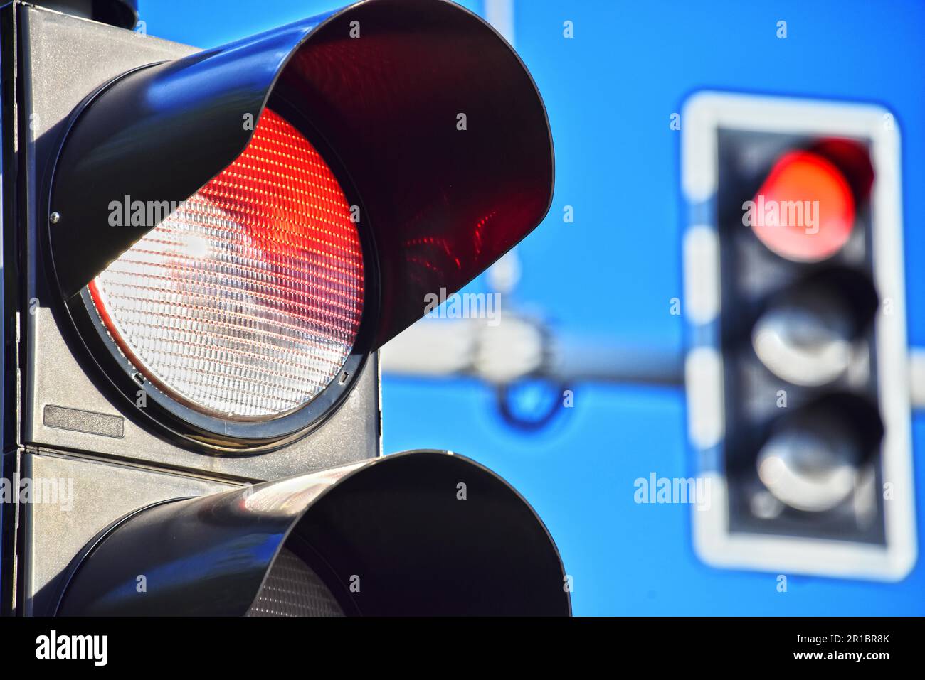 Traffic lights over blue sky. Red light Stock Photo - Alamy