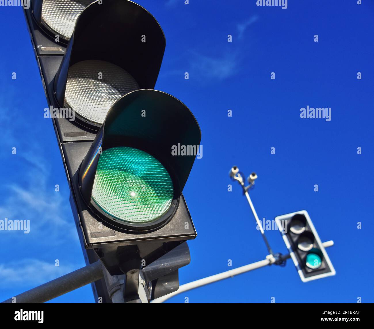 Traffic lights over blue sky. Green light Stock Photo - Alamy