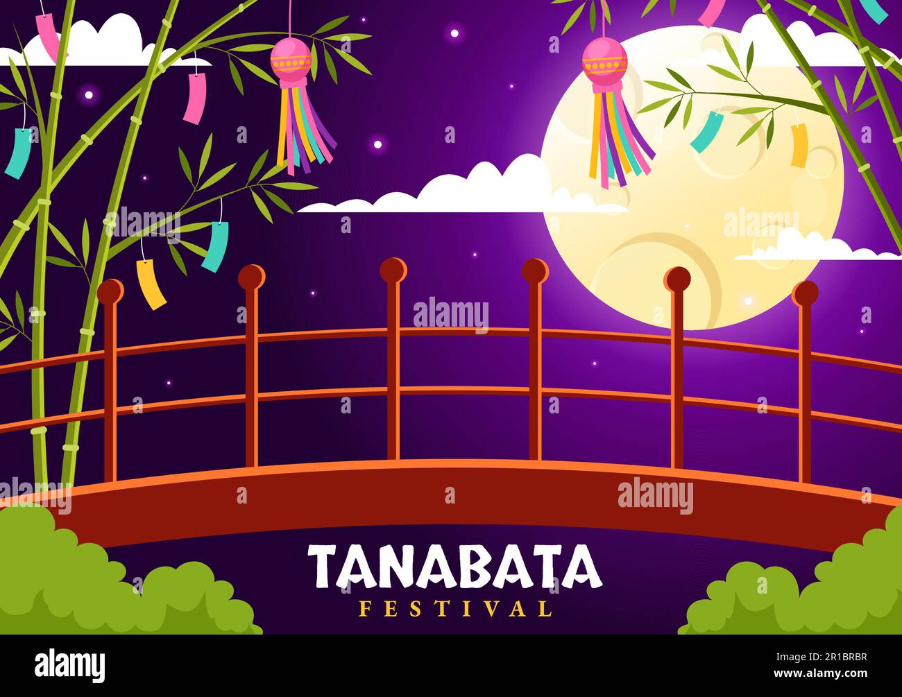 Tanabata Festival Vector Illustration with People Wearing Kimono and ...