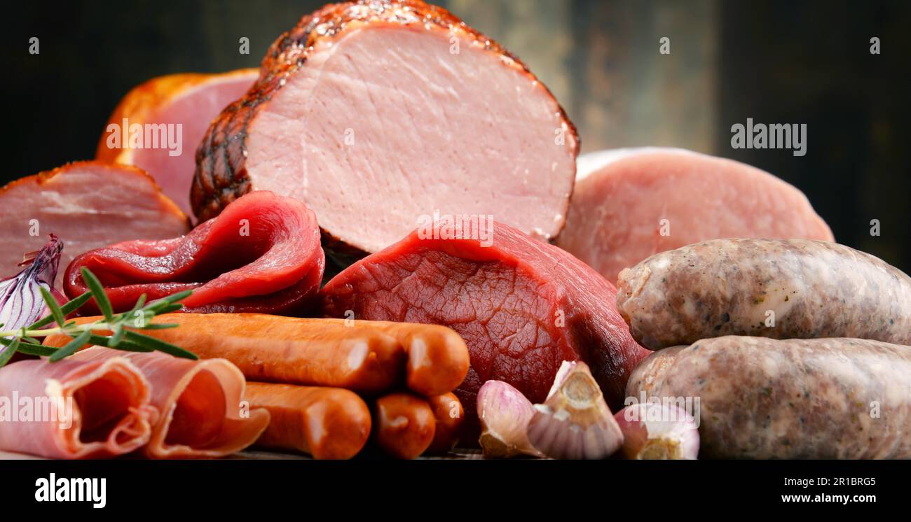 Assorted meat products including ham and sausages Stock Photo - Alamy