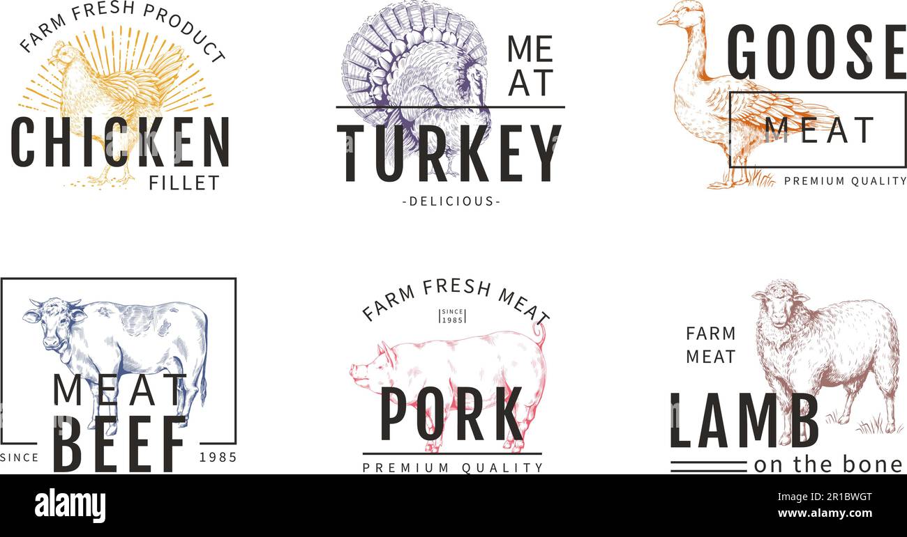 Cow meat logo. Pig animal, farm pork or chicken colorful sketch style ...