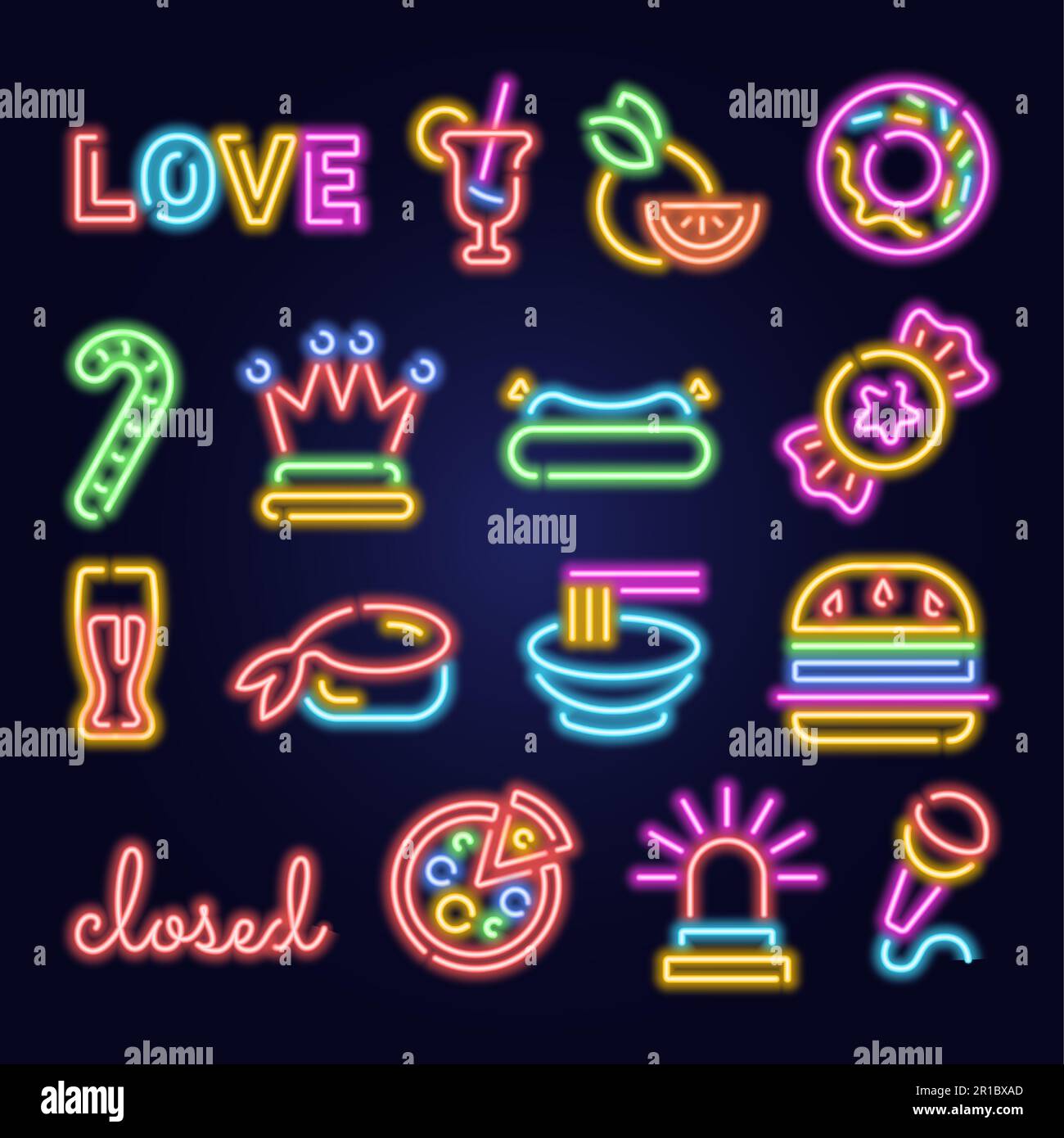 Neon food signs. Led lamp symbols. Lighting meal and drink. Burger and ...