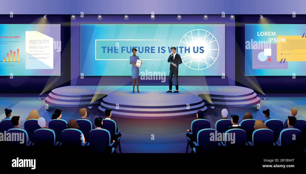 Conference stage. Event forum. Public speakers and audience. People on chairs. Business ...