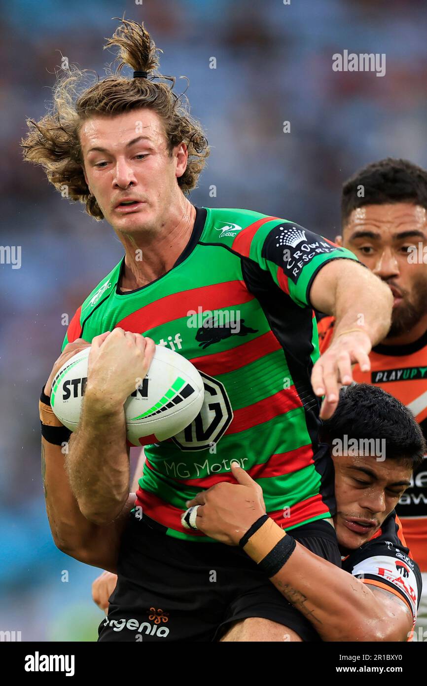 Campbell Graham of the Rabbitohs is tackled during the NRL Round 11 ...
