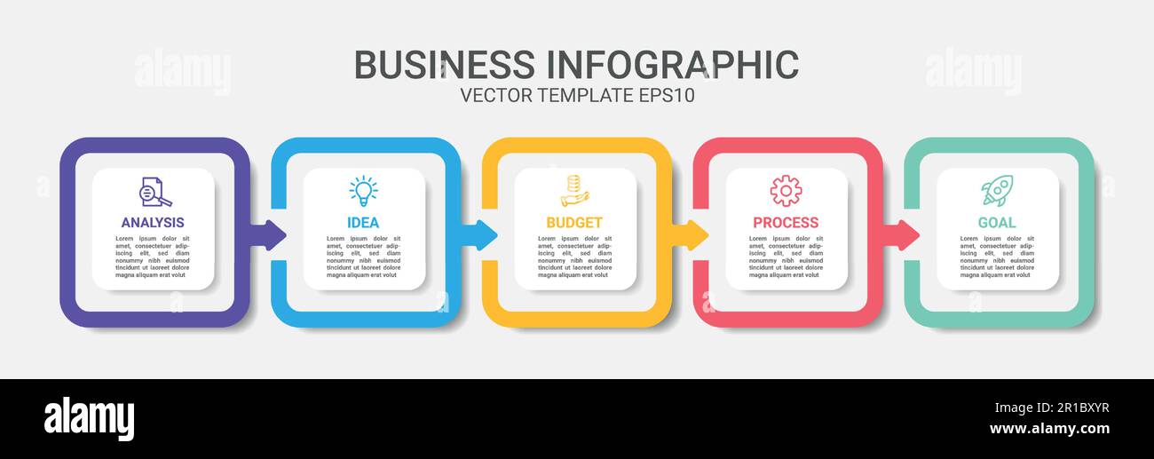 Business infographic. Work process. 5 steps in square diagram. Flow chart elements in timeline ...