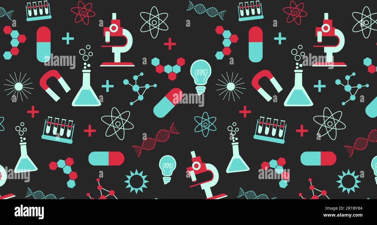 Image of science concept icons with copy space on black background ...