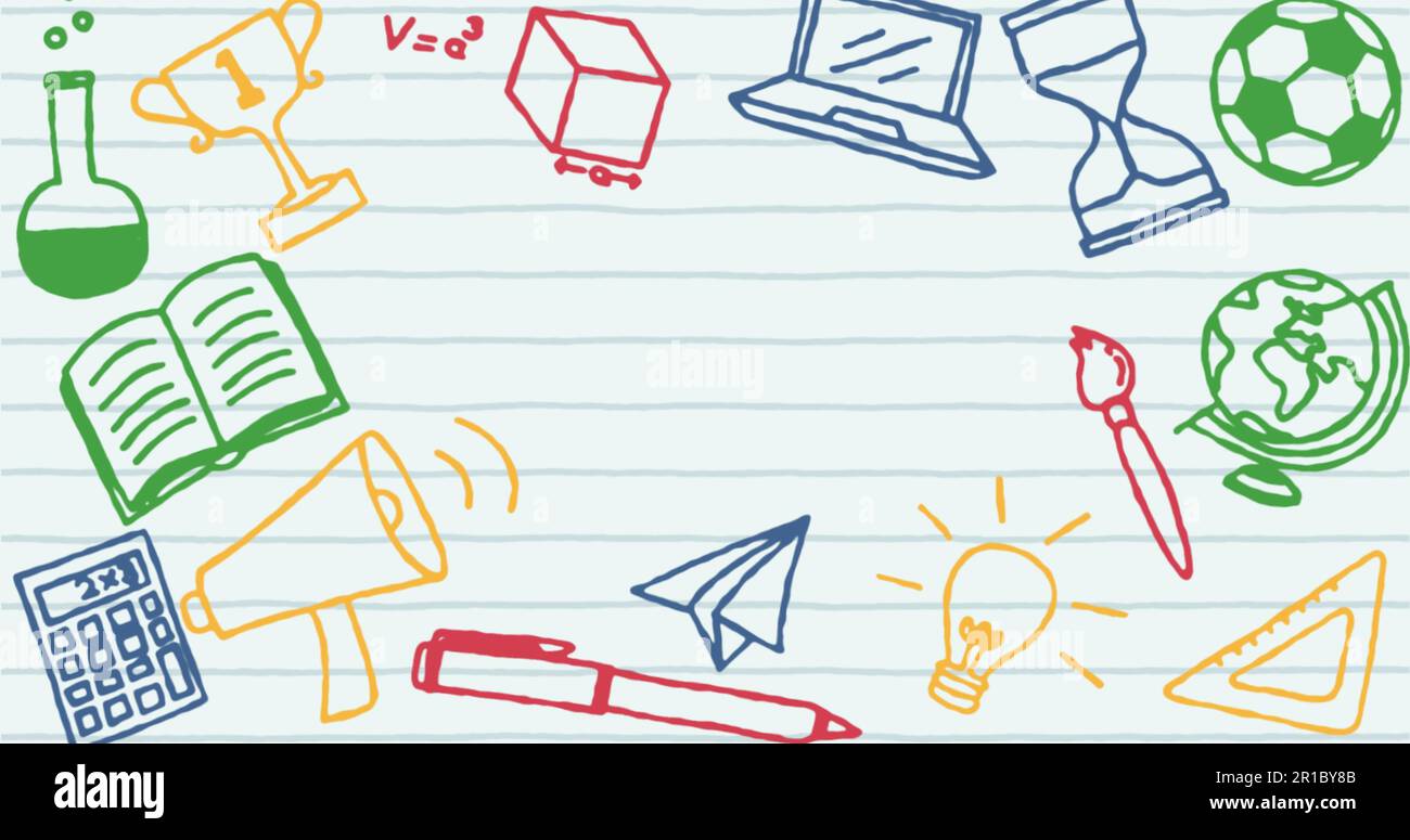 Image of multiple school concept icons against white lined paper ...