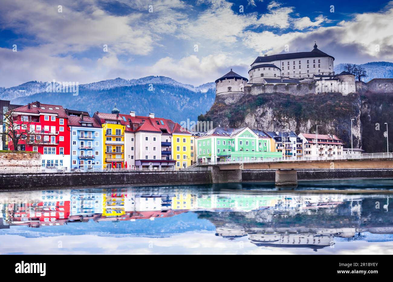 Austria, Kufstein Old Town with medieval fortress on a rock over the ...
