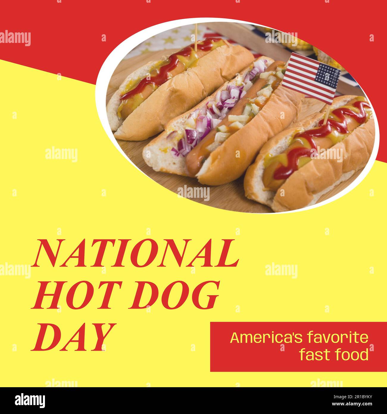 Composite of national hot dog day text and hot dogs with flag of ...