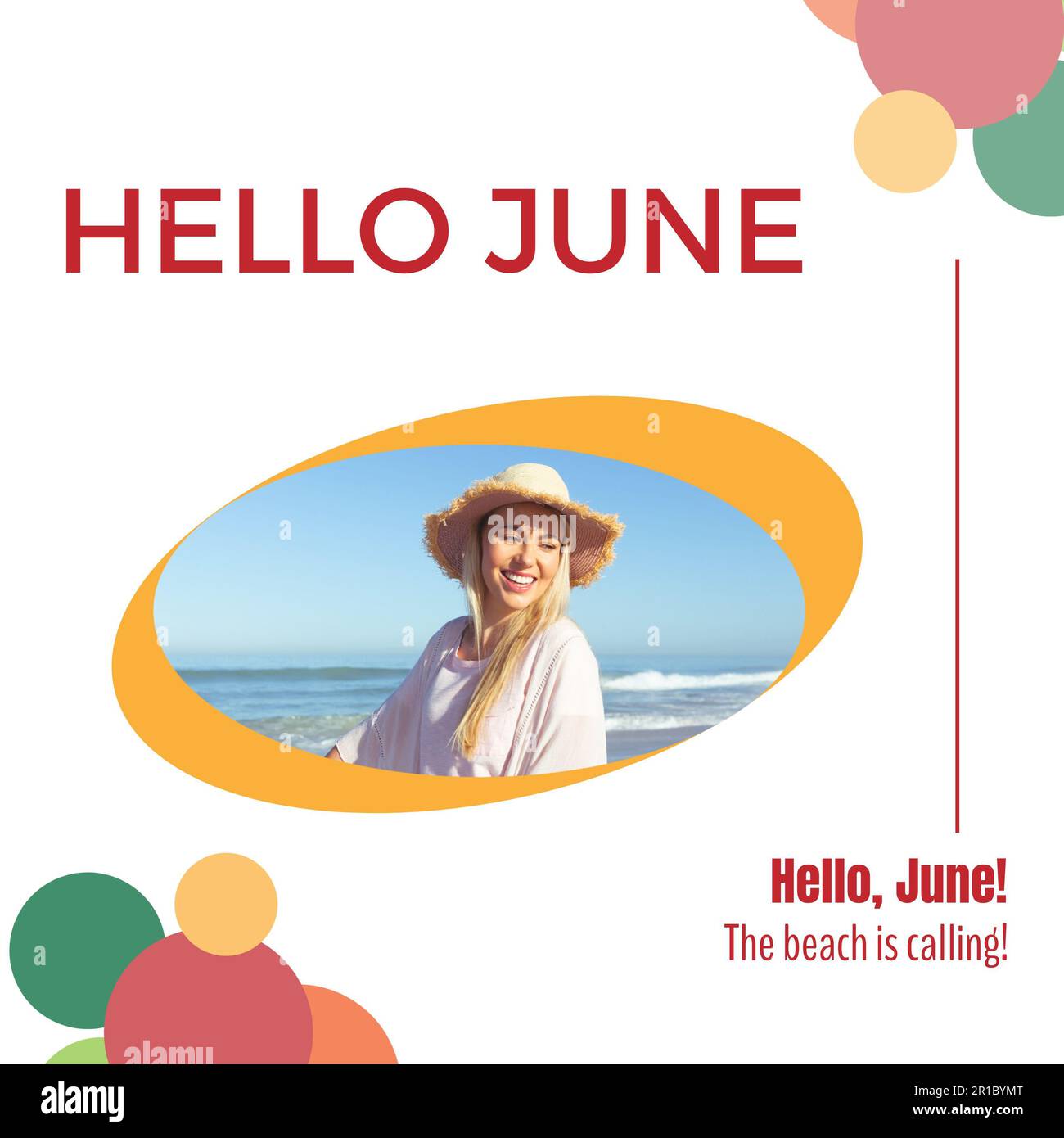 Composite of hello june, the beach is calling text and caucasian woman ...