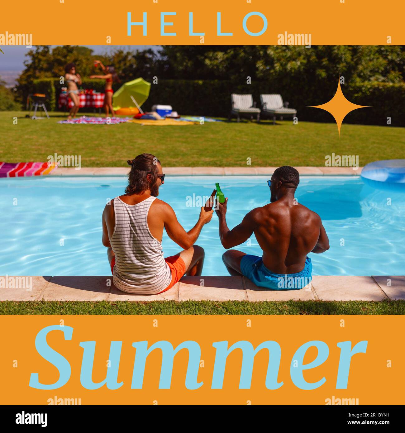 Composite of hello summer text and rear view of male friends toasting ...