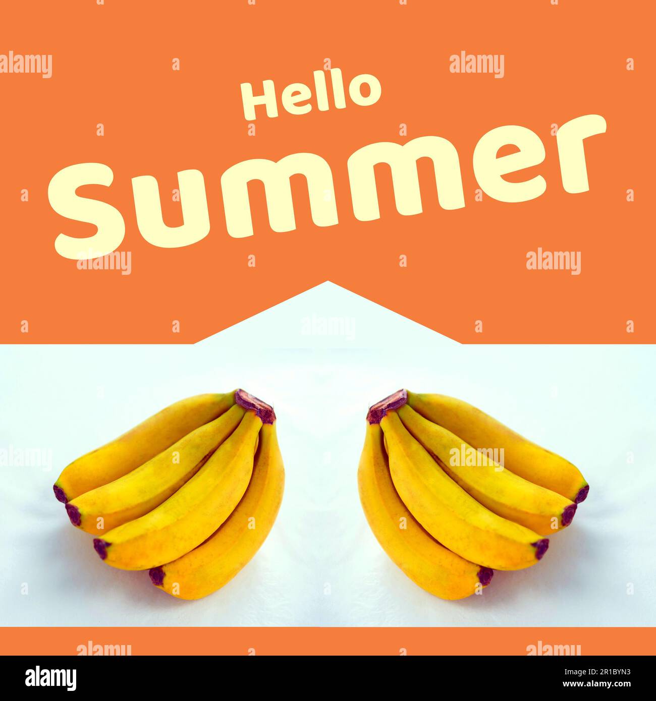 Composite of hello summer text and fresh bananas on white and peach ...