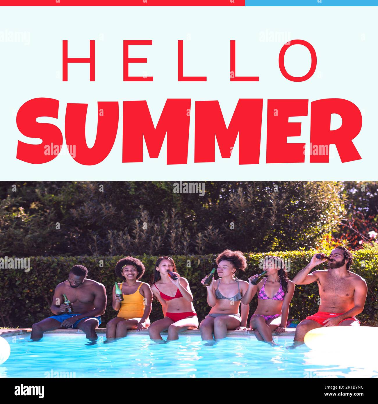 Composite of hello summer text and diverse friends drinking alcohol ...