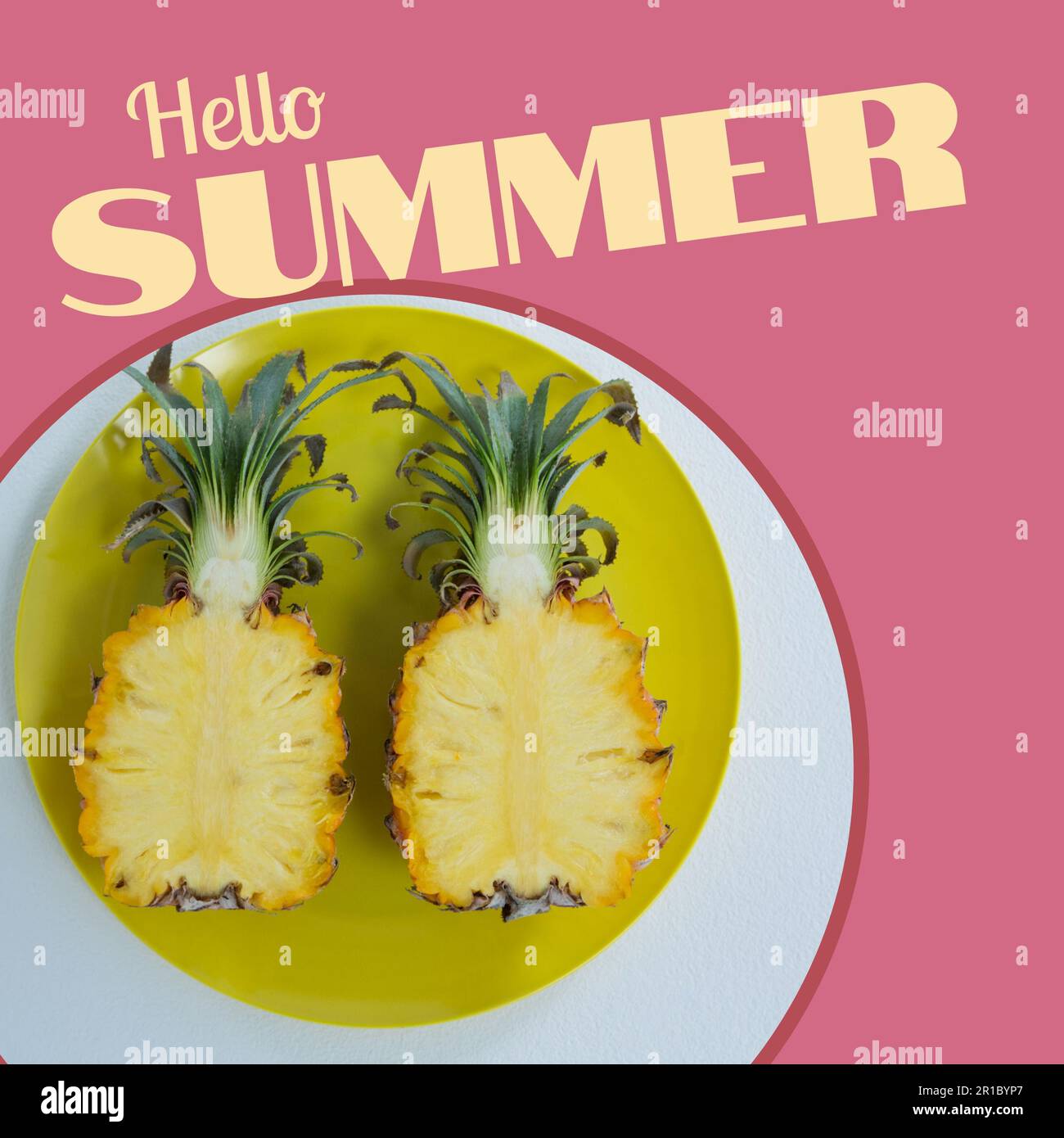 Composite of hello summer text and halved pineapple on cutting board ...
