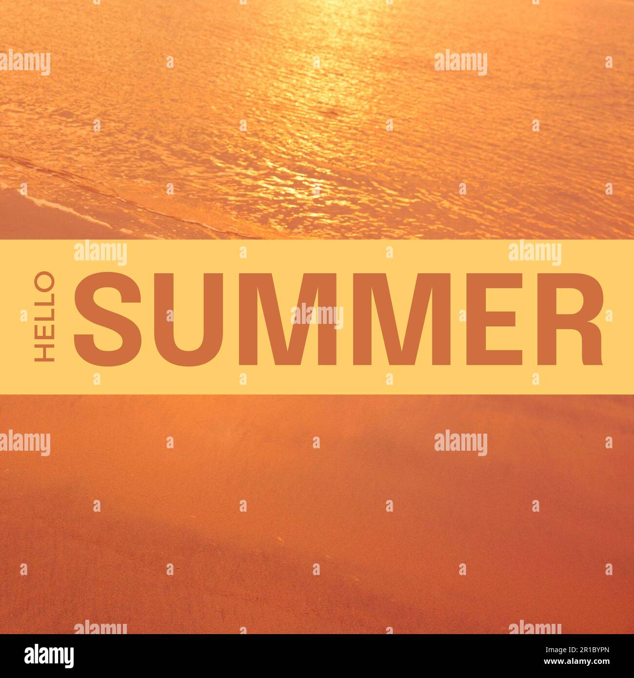 Composition of hello summer text over seaside with sandy beach Stock ...