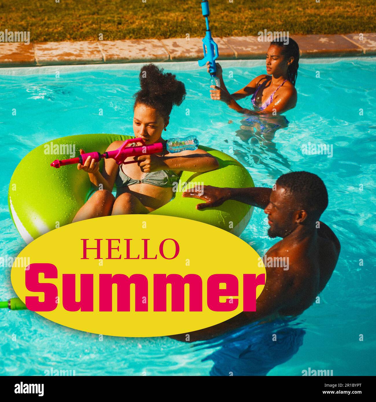 Composite Of Hello Summer Text And Diverse Friends With Squirt Guns Enjoying In Swimming Pool