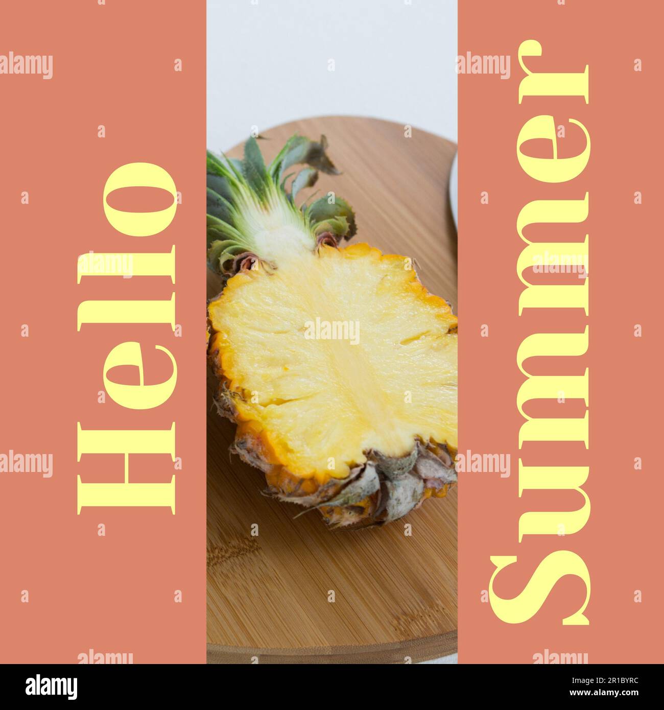 Composite of hello summer text and pineapple slice on cutting board over peach and white ...