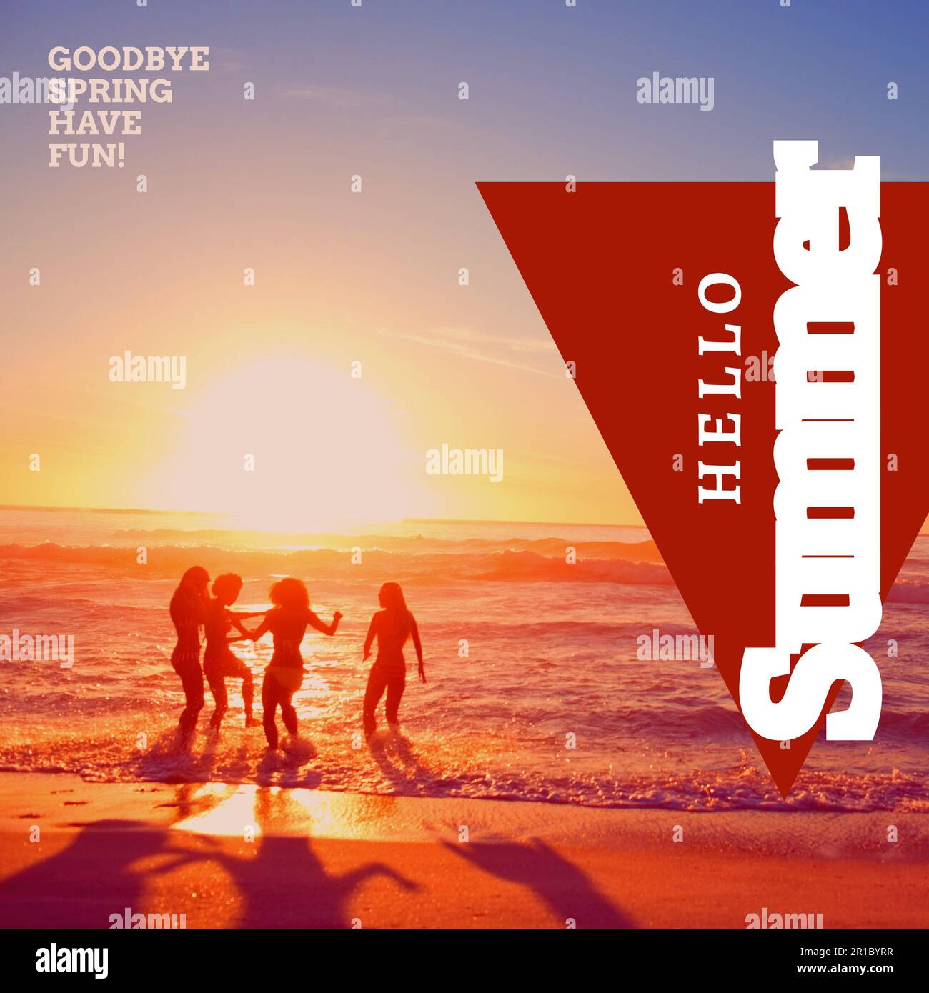 Composite of hello summer text and silhouette diverse friends enjoying ...