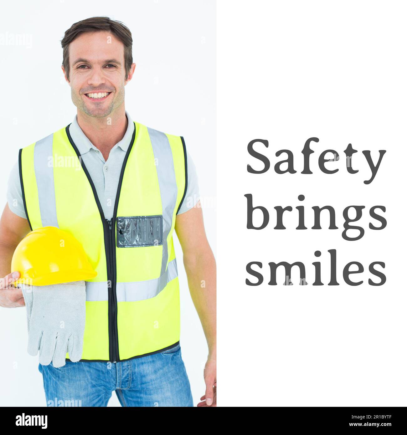 Composition of health and safety text over caucasian man holding safety ...