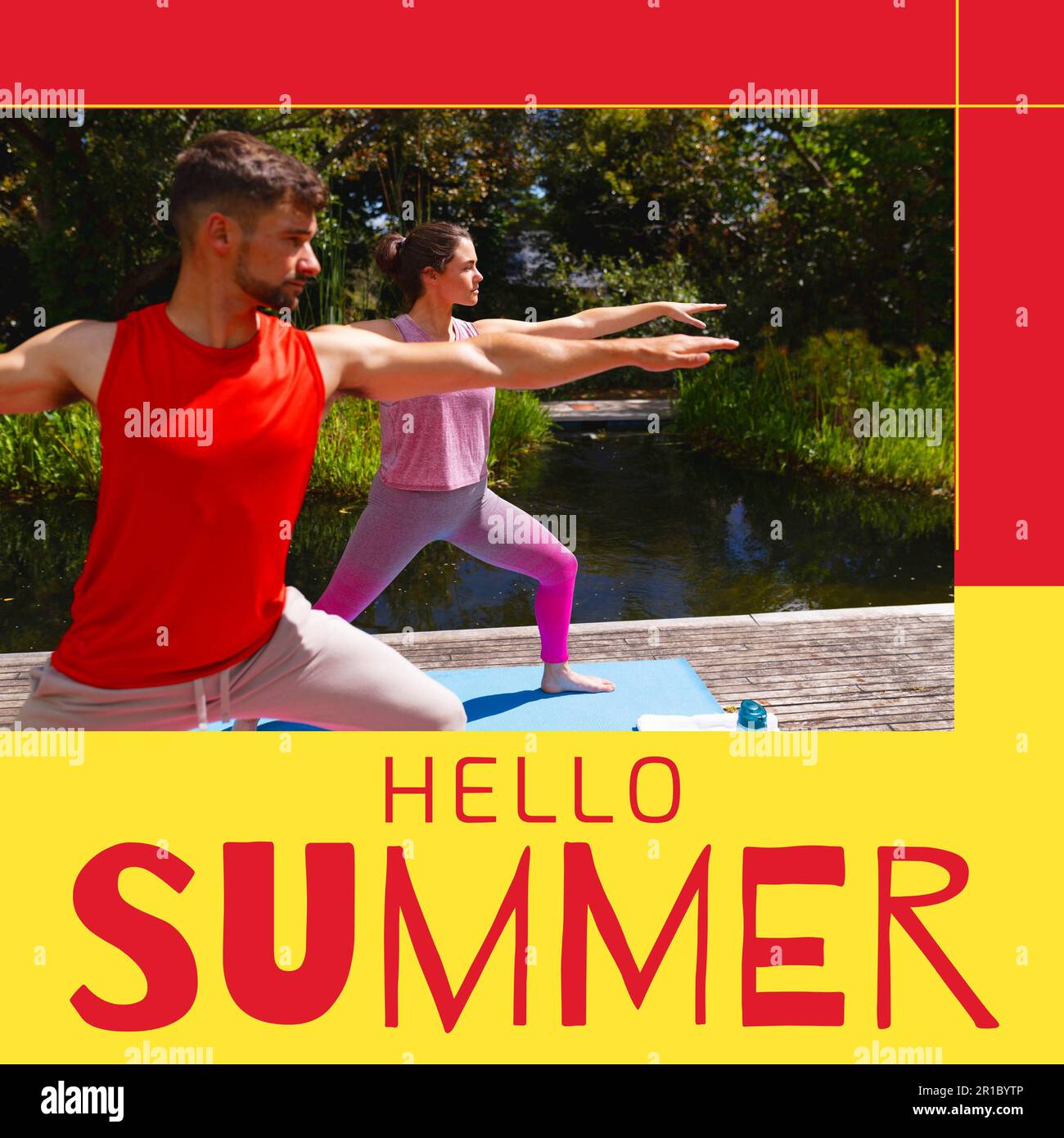 Composition of hello summer text over caucasian friends exercising yoga ...