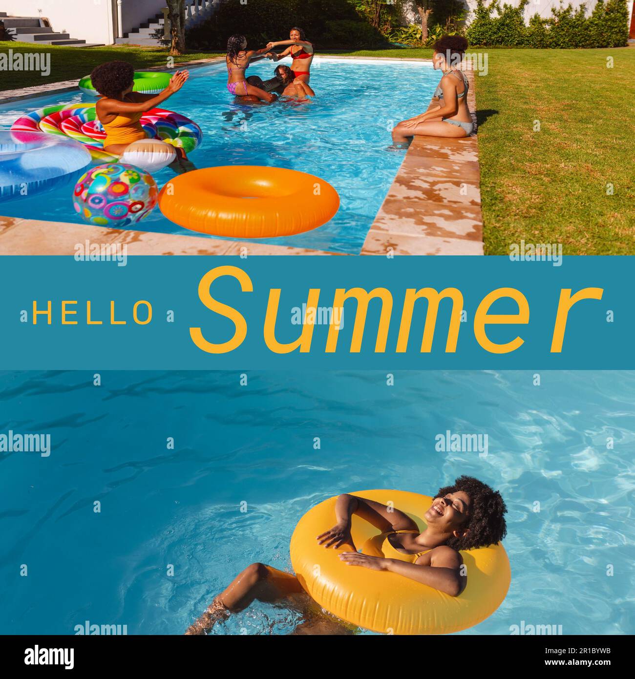 Collage of diverse friends enjoying in swimming pool and woman relaxing ...