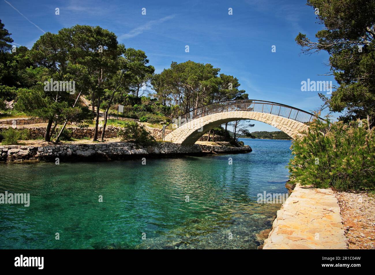 Stone bridge on island Mljet in Croatia between Large and Small lake ...