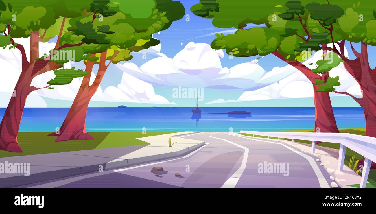 Road leading to sea on sunny day. Vector cartoon illustration of summer ...