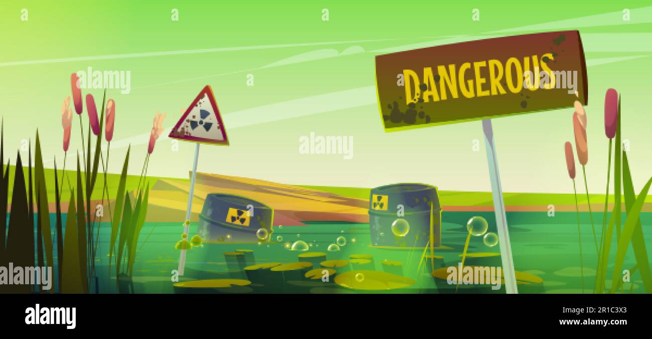 Green toxic swamp and reed near lake vector background. Pond with bulrush and barrels of liquid ...