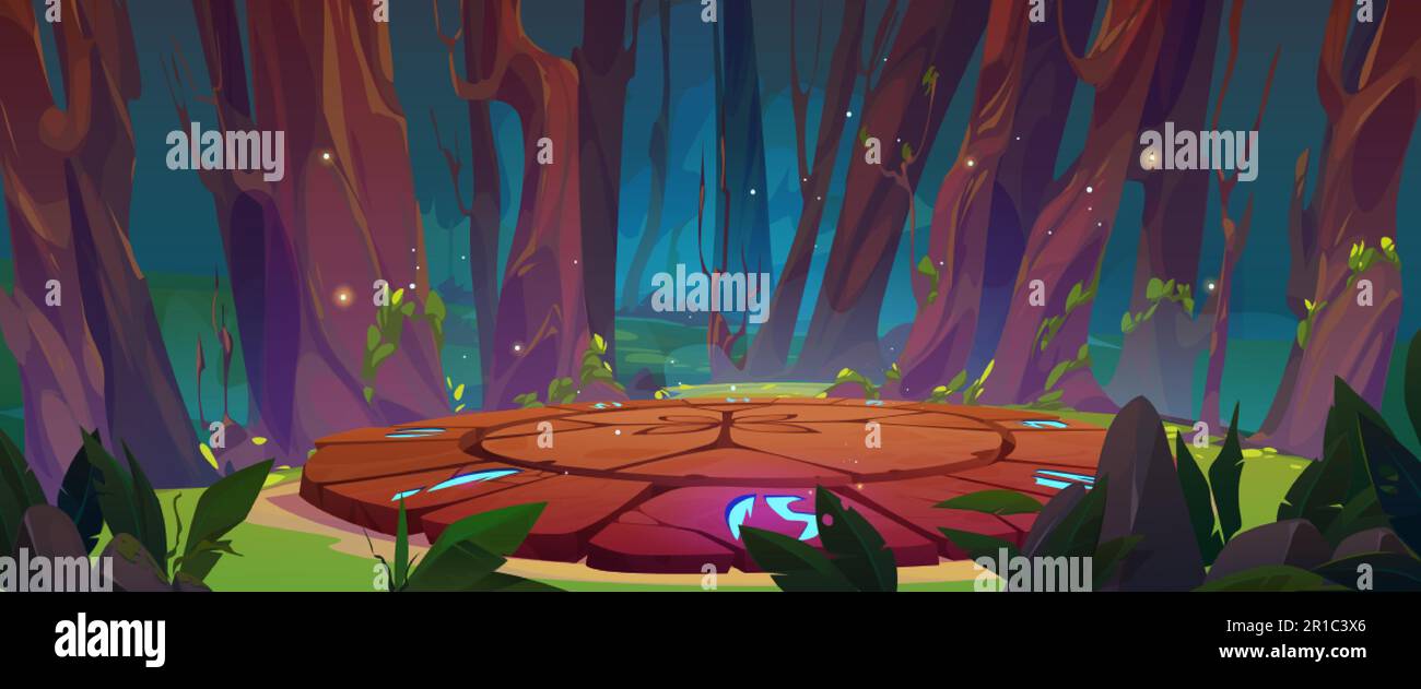 Cartoon game platform in old forest. Vector illustration of large stone ...