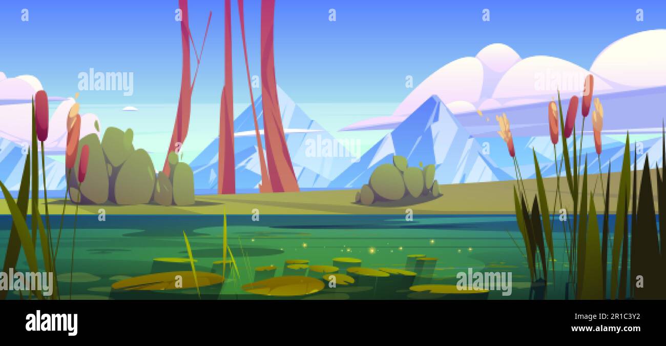 Green swamp and cattail near lake, mountain skyline vector background ...