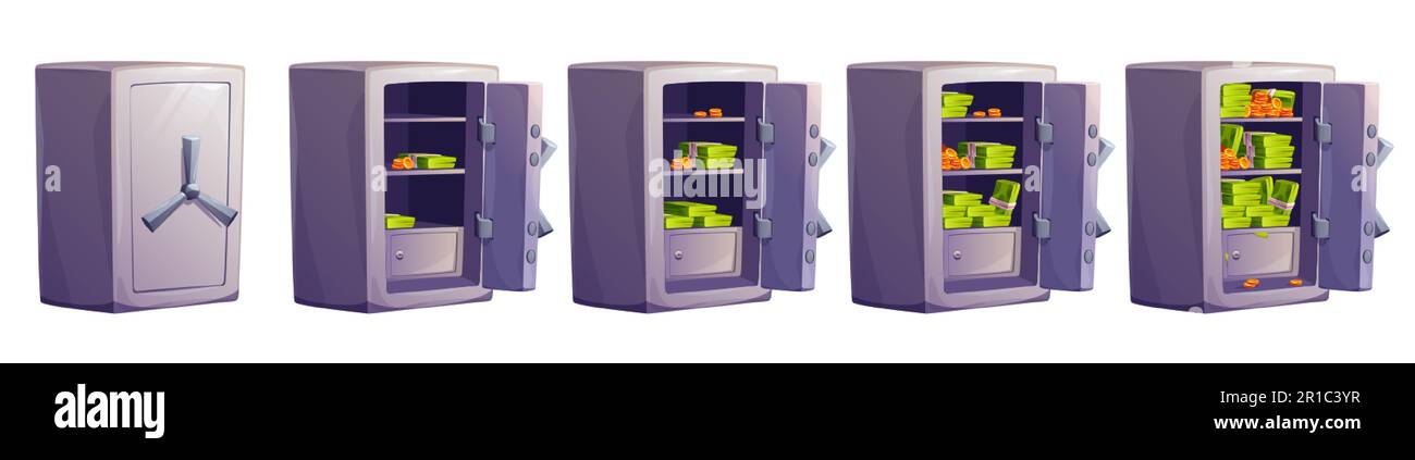 Open door safe box with money deposit vector set. Isolated cartoon ...