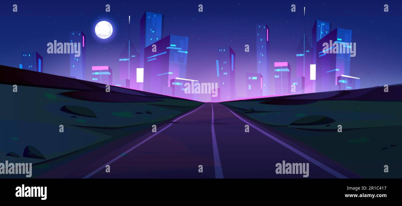 Night road to city vector background. Highway to futuristic street ...