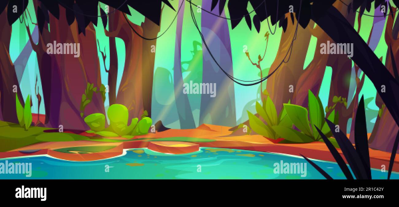 Swamp in jungle forest cartoon vector game background. Tropical scene ...