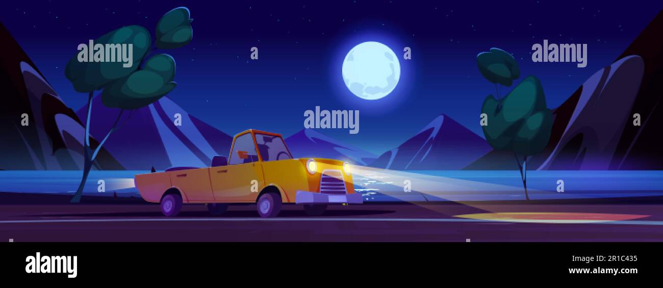 Cabriolet on night road near sea in summer trip cartoon vector ...