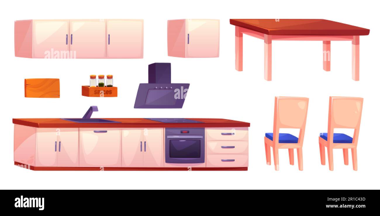 Cartoon vector kitchen furniture illustration with dining room interior ...