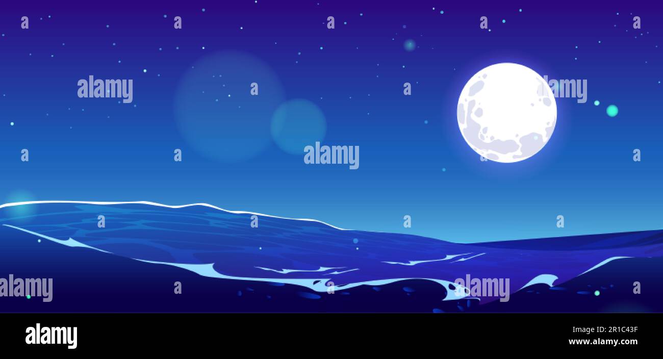 Ocean wave and blue sky with full moon and stars vector background. Sea ...