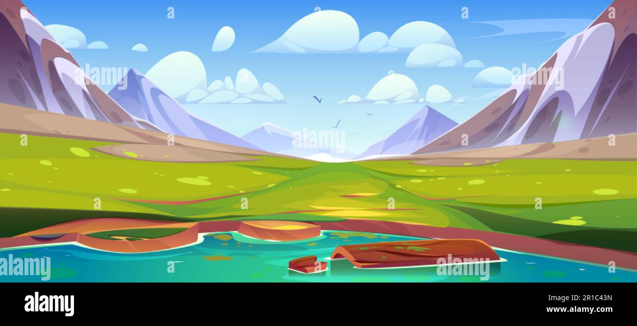 Wooden log in mountain lake water nature landscape. Cartoon summer ...